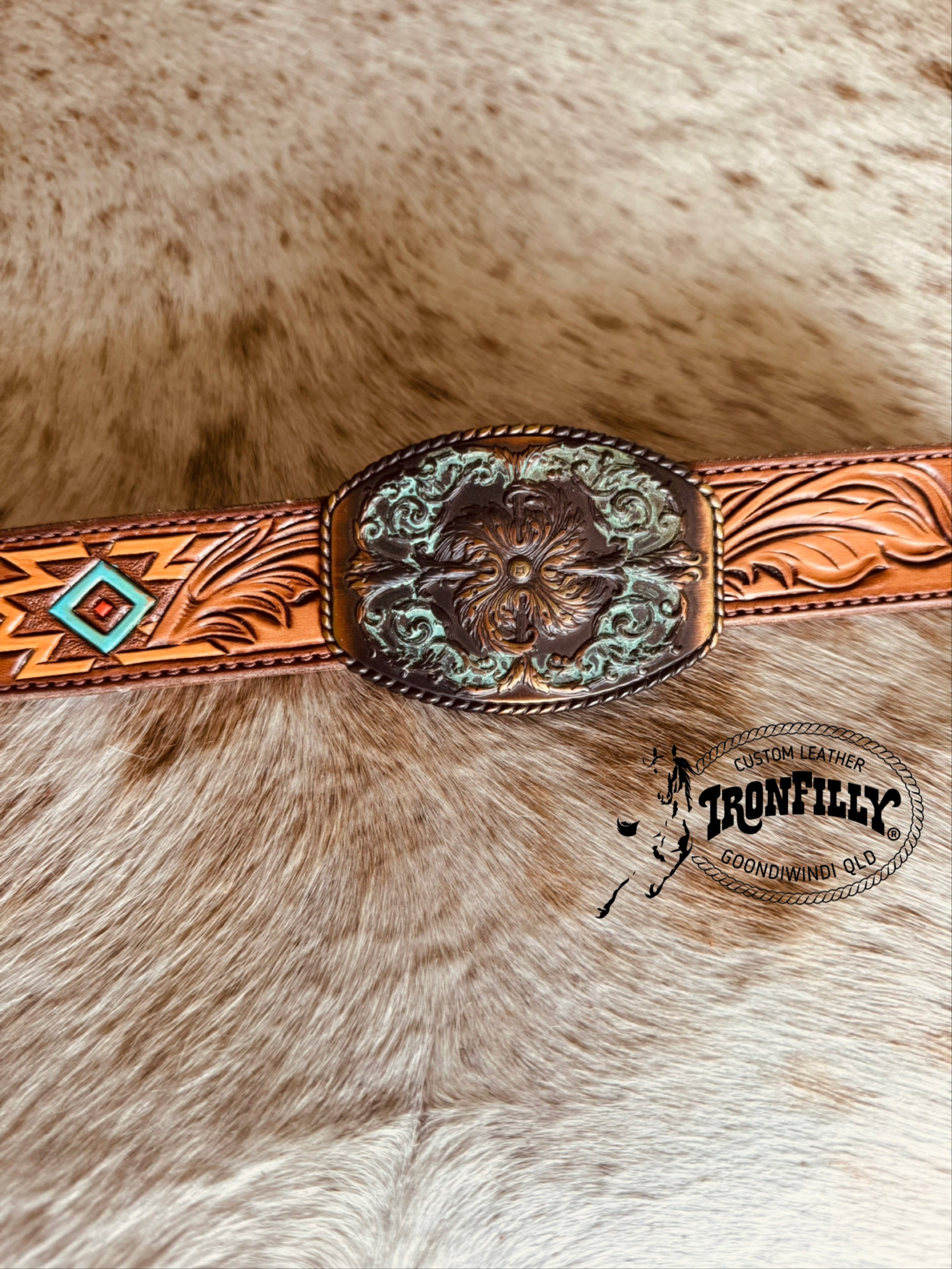 Floral patina buckle – IRON FILLY Custom Leather